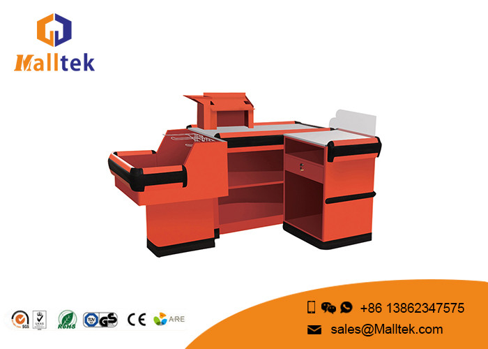 Silver Red Supermarket Checkout Counter Stainless Cashier Desk Stand